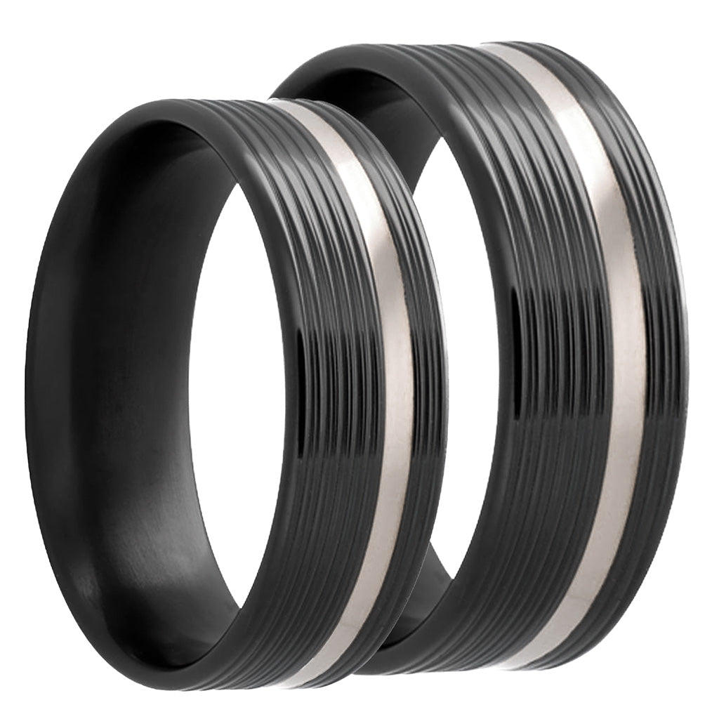 Asymmetrical Platinum Grooved Zirconium Couple's Wedding Band Set