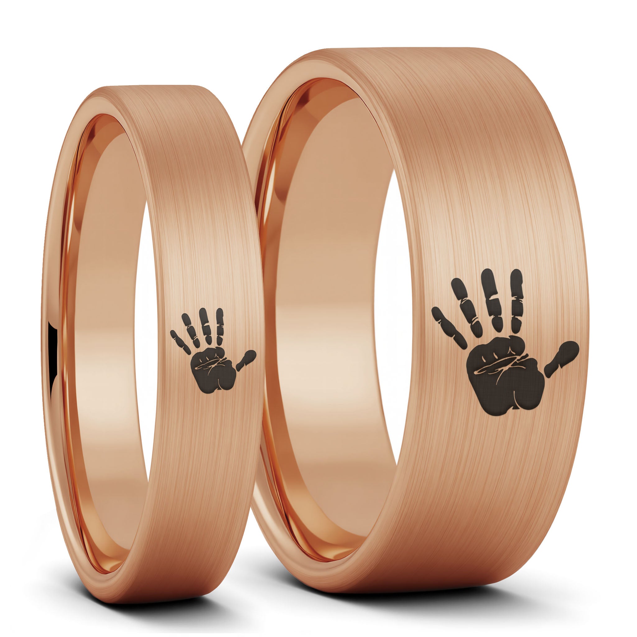 Custom Handprint Brushed Rose Gold Tungsten Couple's Matching Ring Set ...