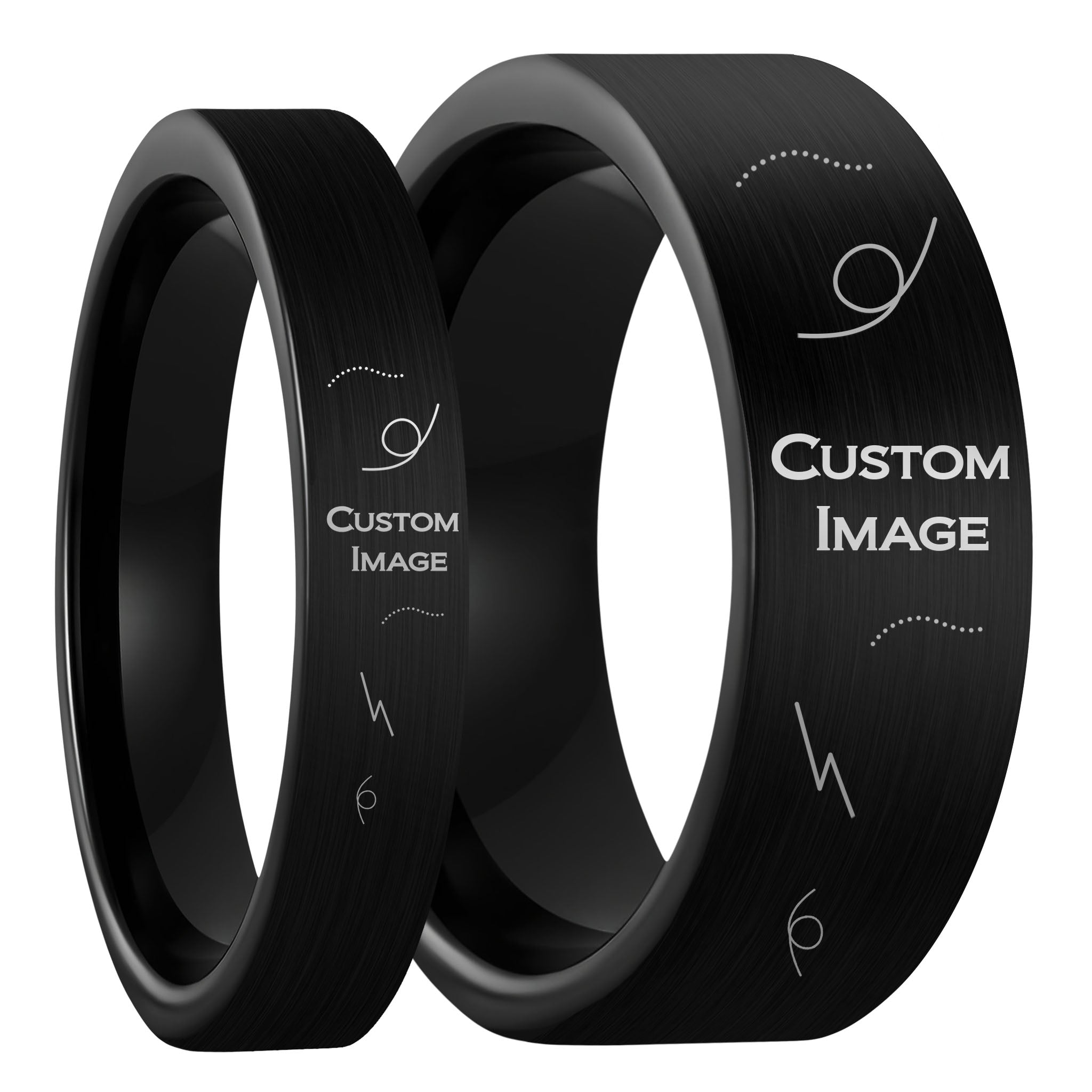 Custom Image Engraved Brushed Black Tungsten Couple's Matching Ring Set ...