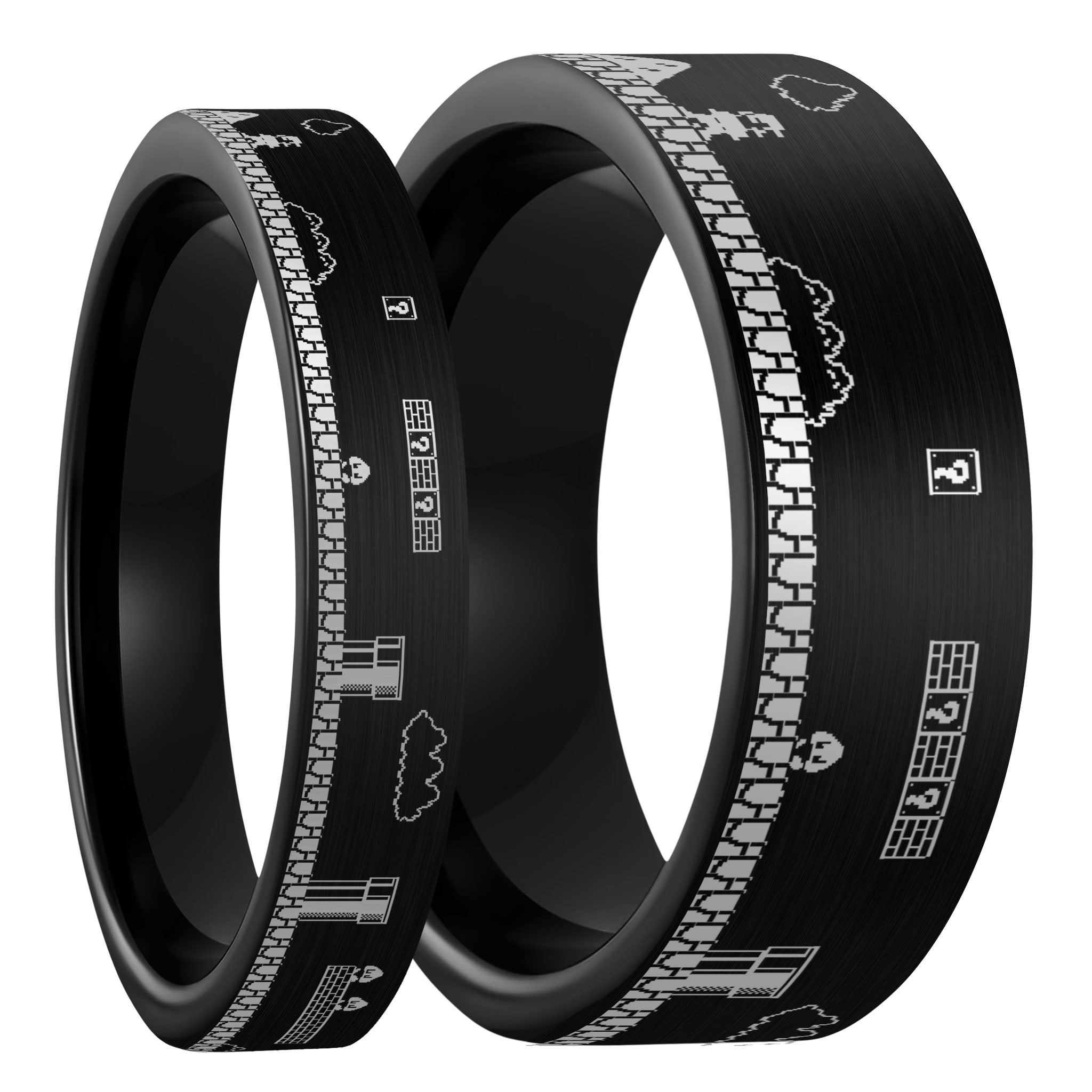 Super Mario Bros Brushed Black Tungsten Couple's Matching Wedding Band ...