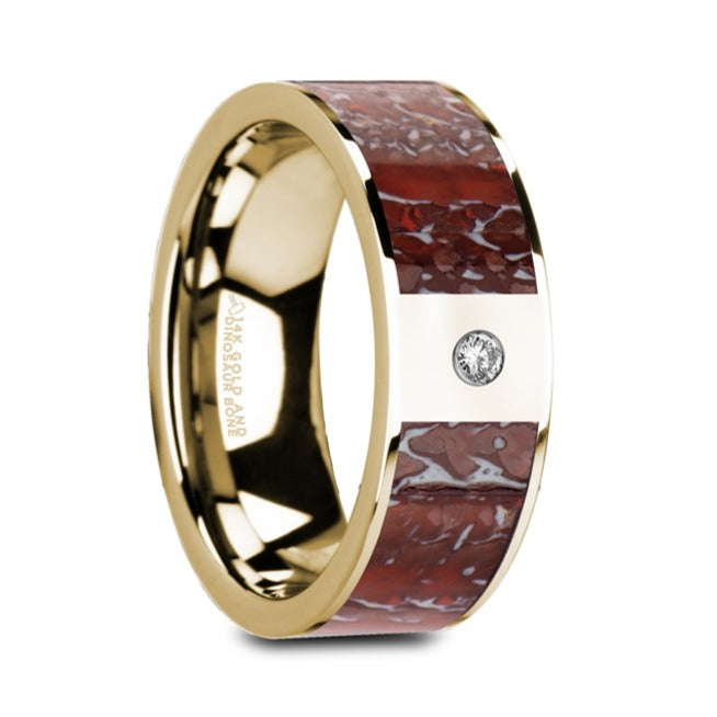Yellow Gold Men's Ring with Red Dinosaur Bone & Diamond