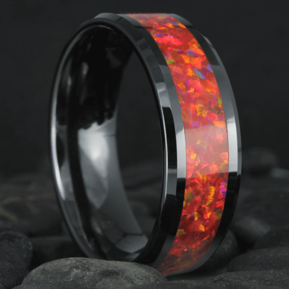 Black Ceramic Wedding Band with Red Opal Inlay | Vansweden Jewelers