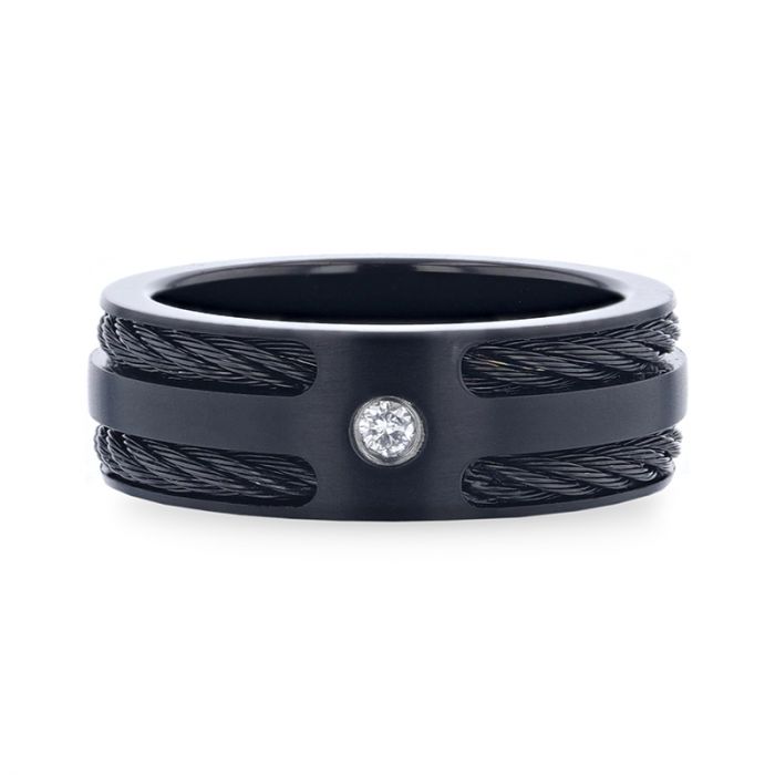 Black Titanium Men's Ring with Black Rope & Diamond