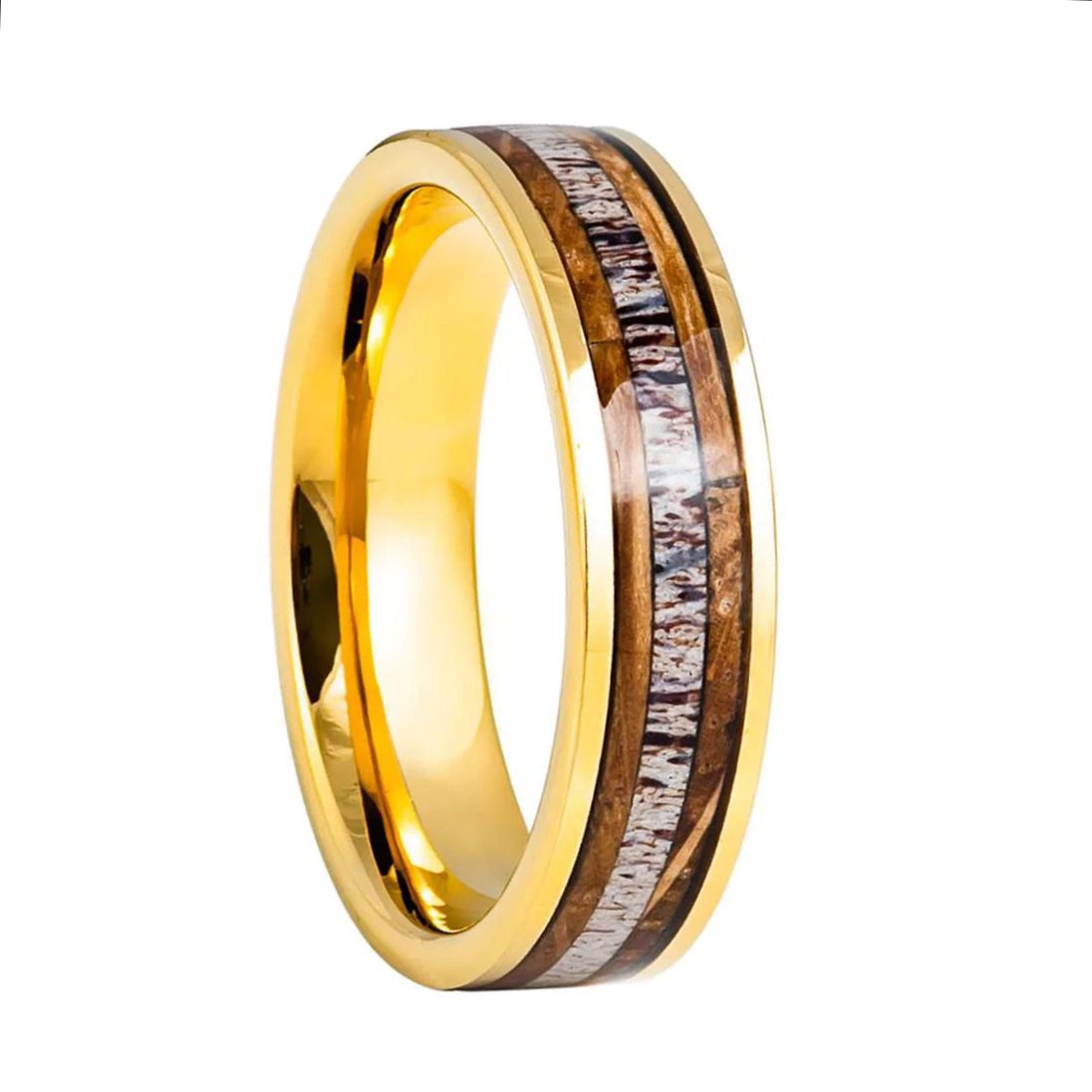 Dual Whiskey Barrel & Antler Inlay Gold Tungsten Men's Wedding Band ...