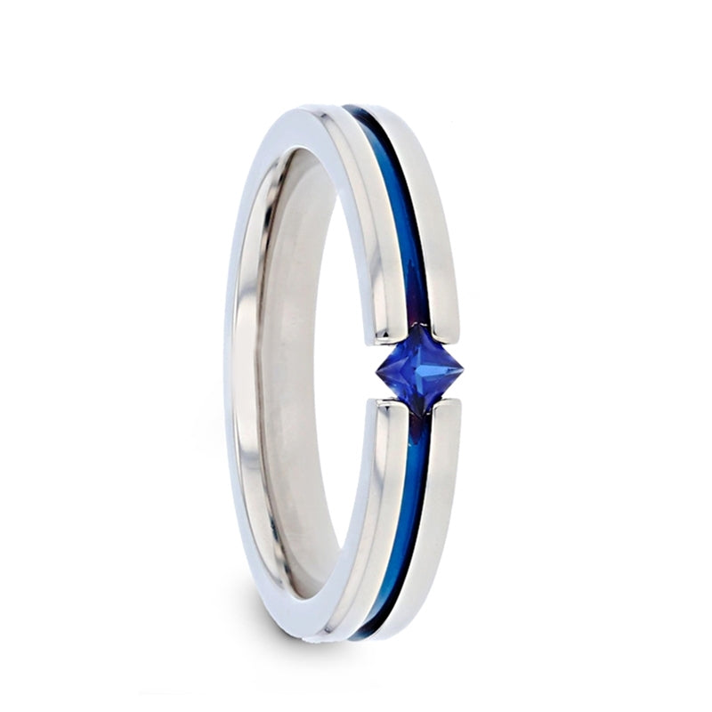 Tension-Set Blue Sapphire Titanium Women's Ring