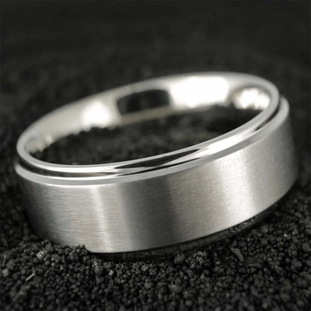 Brushed Titanium Couple's Wedding Ring Set with Stepped Edges