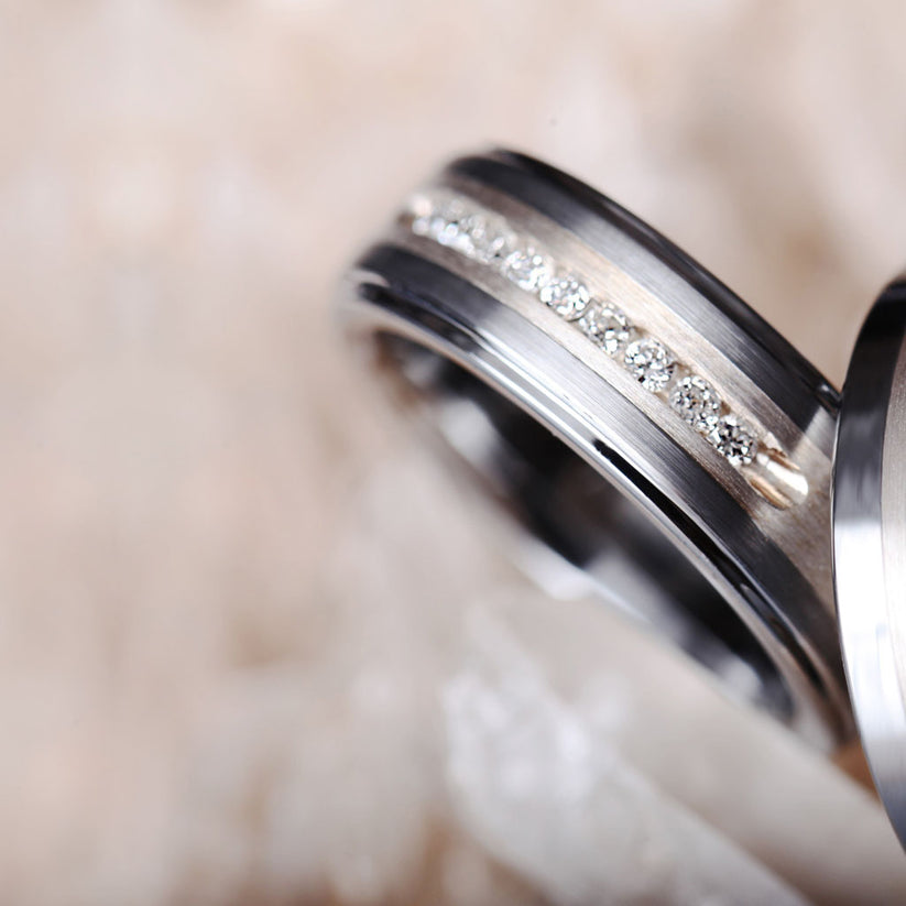 Tungsten Men's Ring with Silver Inlay & Nine Diamonds