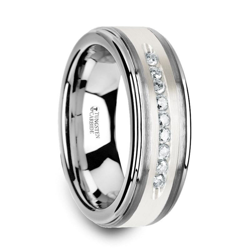 Tungsten Men's Ring with Silver Inlay & Nine Diamonds